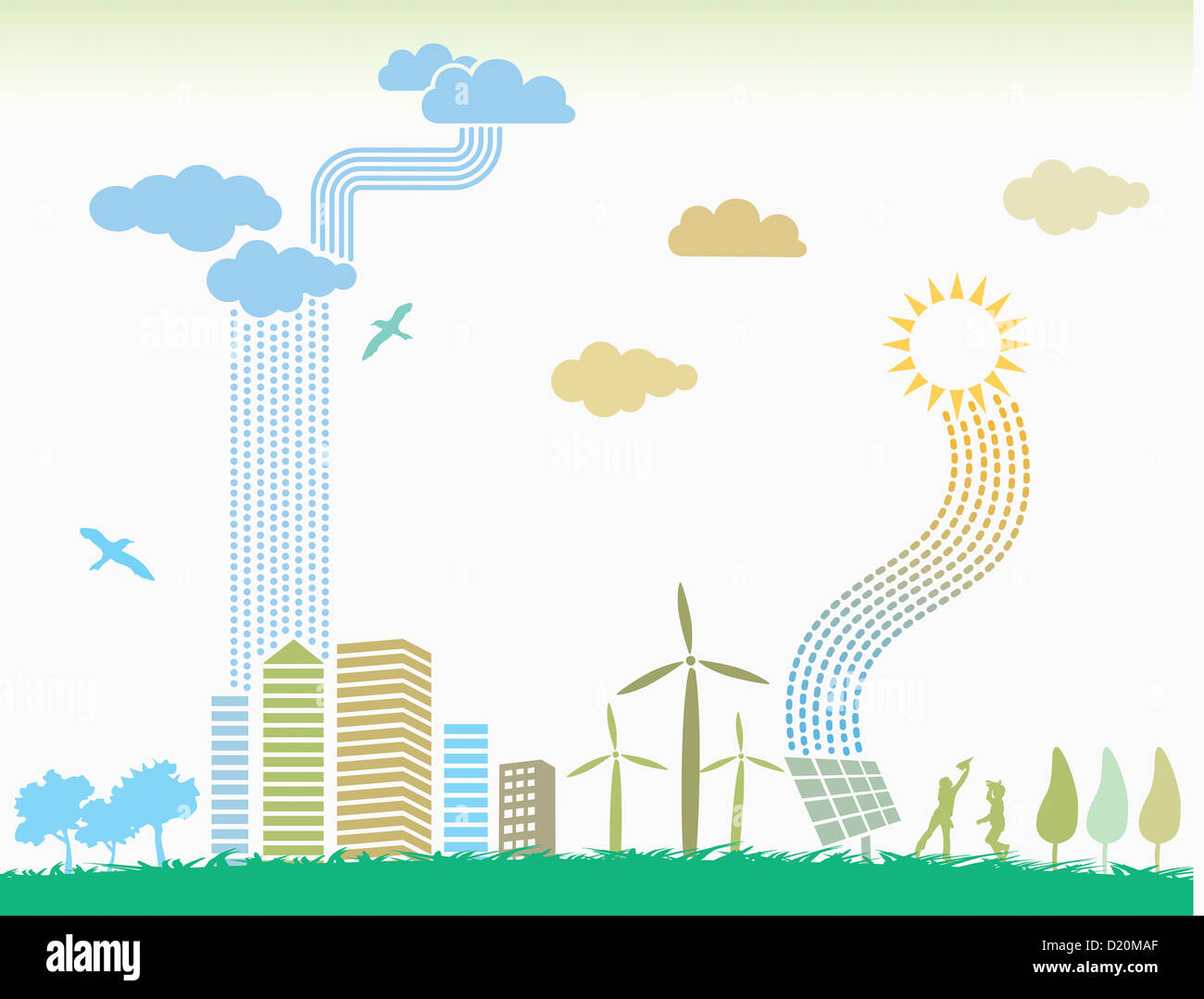 illustration of sun passing on solar energy and clouds providing water ...