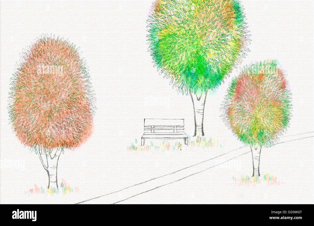 illustration of a bench and autumn trees Stock Photo - Alamy