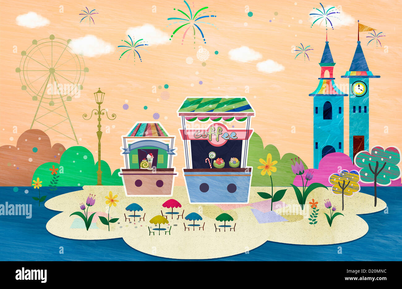 illustration of shops in amusement park Stock Photo - Alamy