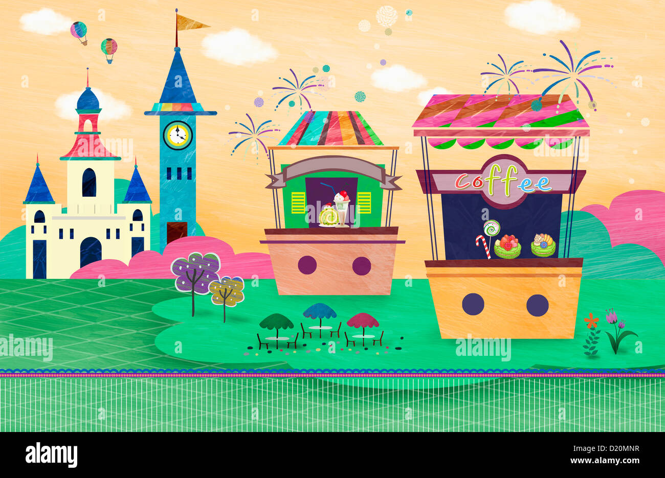 illustration of shops in an amusement park Stock Photo - Alamy