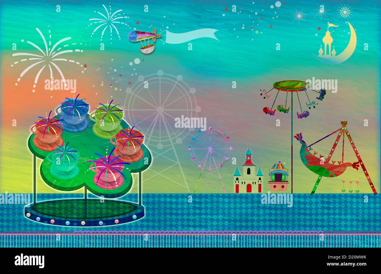 illustration of tea cup ride in an amusement park Stock Photo - Alamy