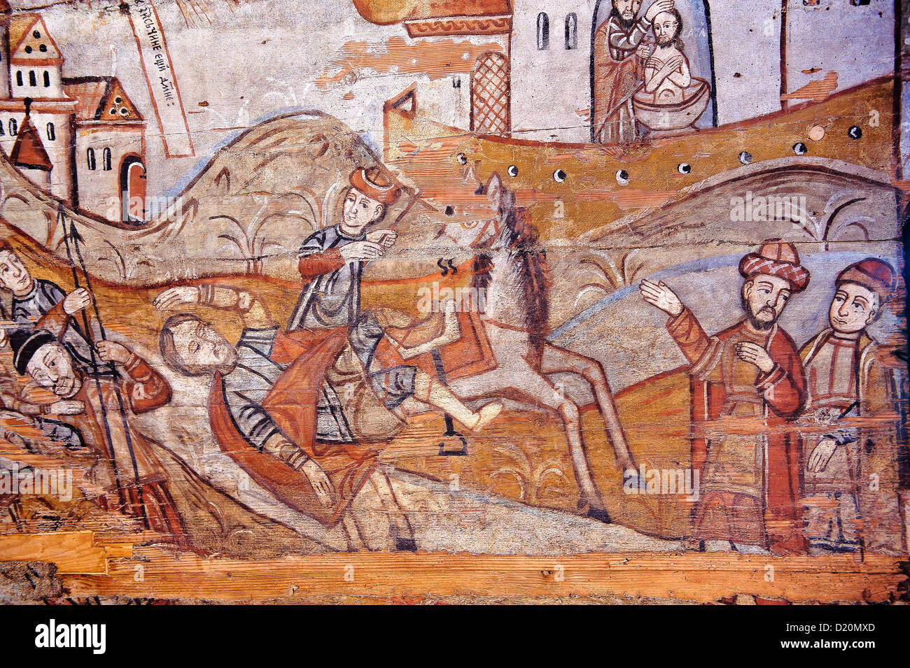 Naive folk christian frescoes in the interior of the Orthodox Wooden ...