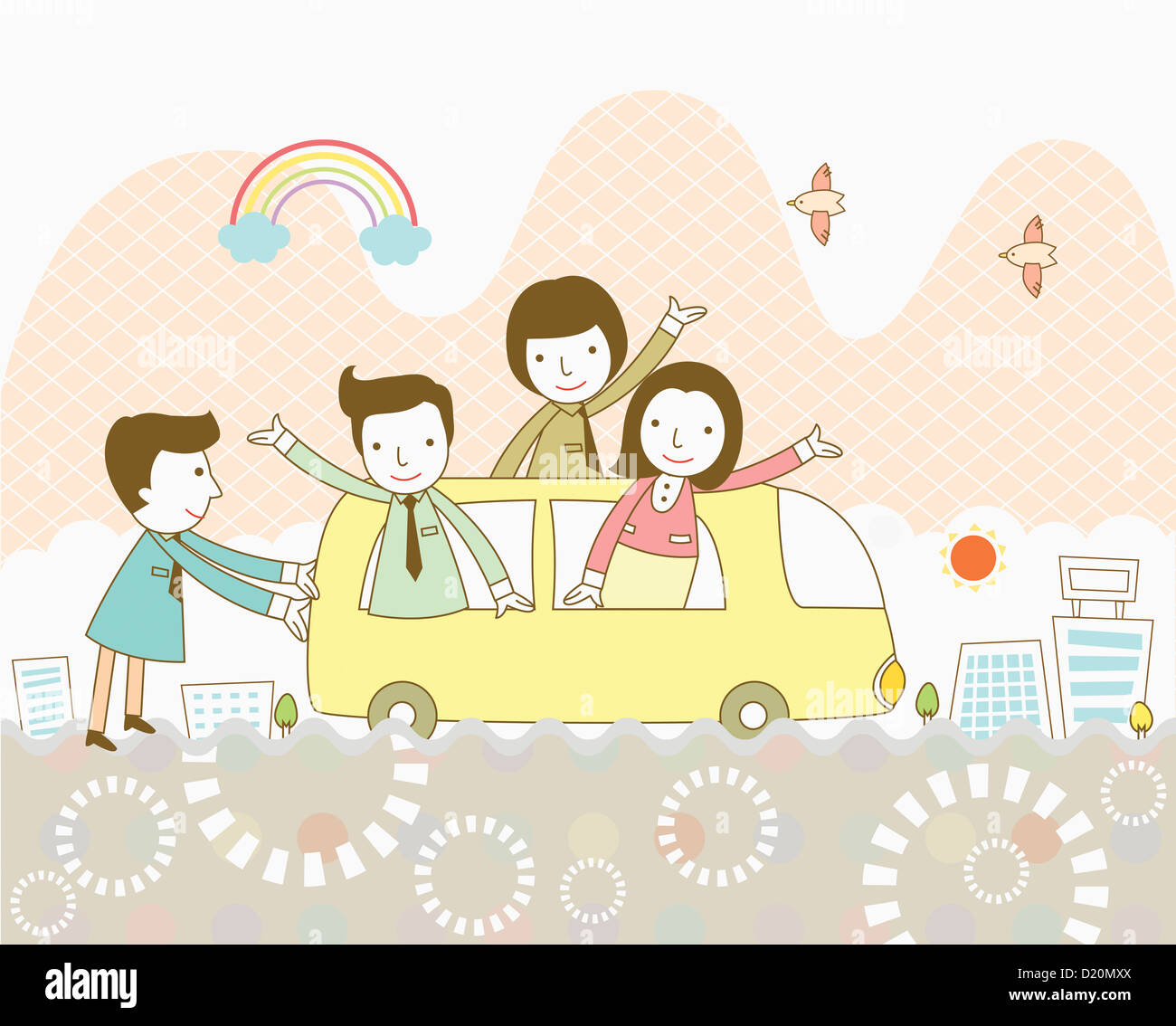 illustration of a man pushing a bus with people waving hands Stock ...