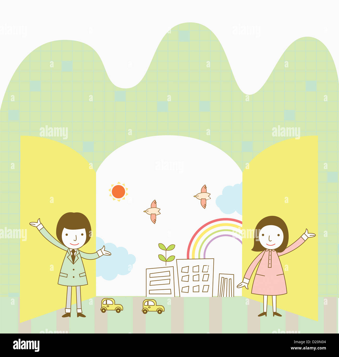 illustration of woman and a man welcoming Stock Photo - Alamy