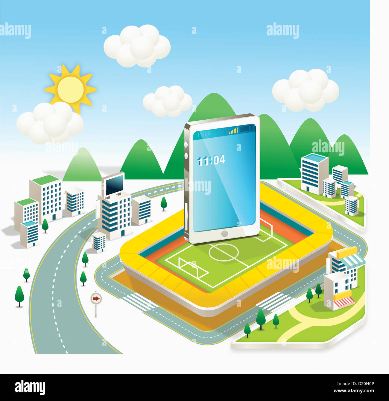 illustration of mobile phone on a soccer field Stock Photo - Alamy