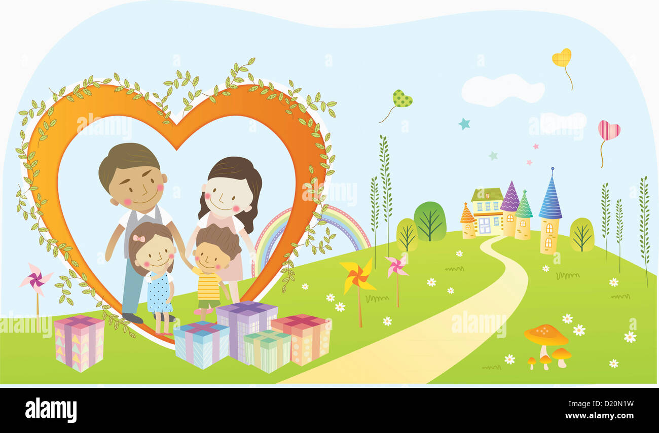 illustration of a family inside a heart shape frame Stock Photo - Alamy