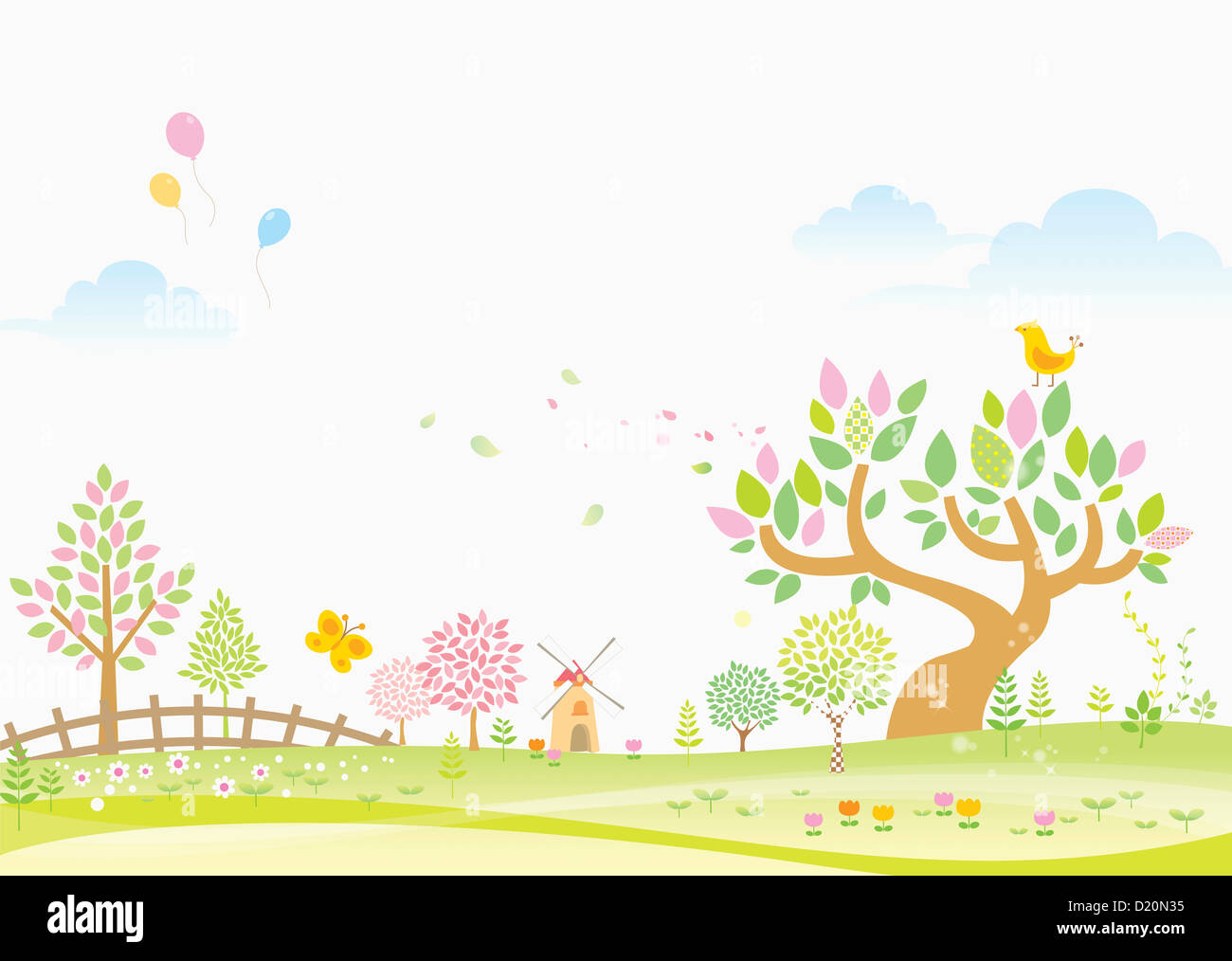 illustration of summer landscape with trees and a bridge Stock Photo ...