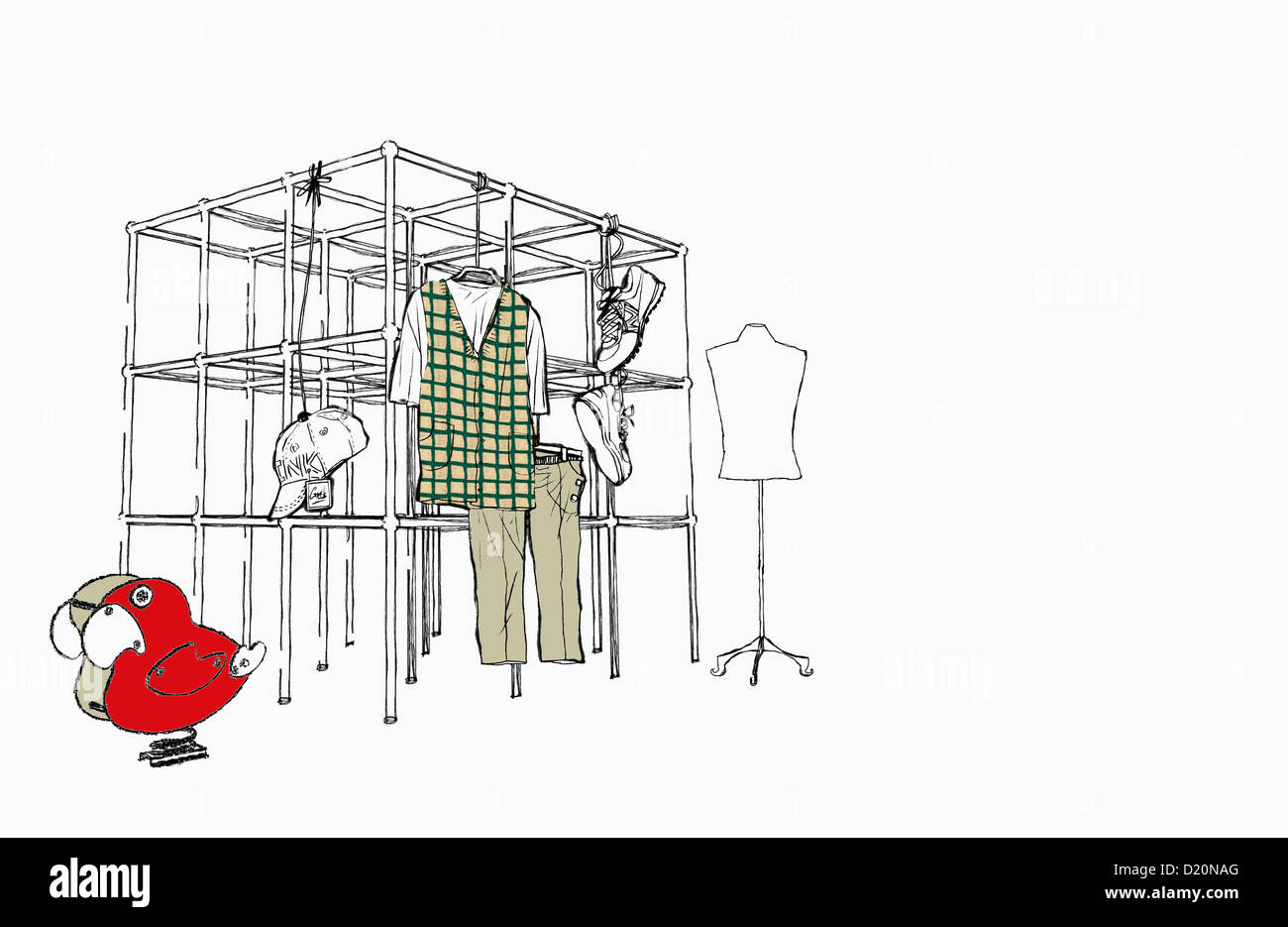 illustration of clothes hanging on a cube hanger stand Stock Photo - Alamy