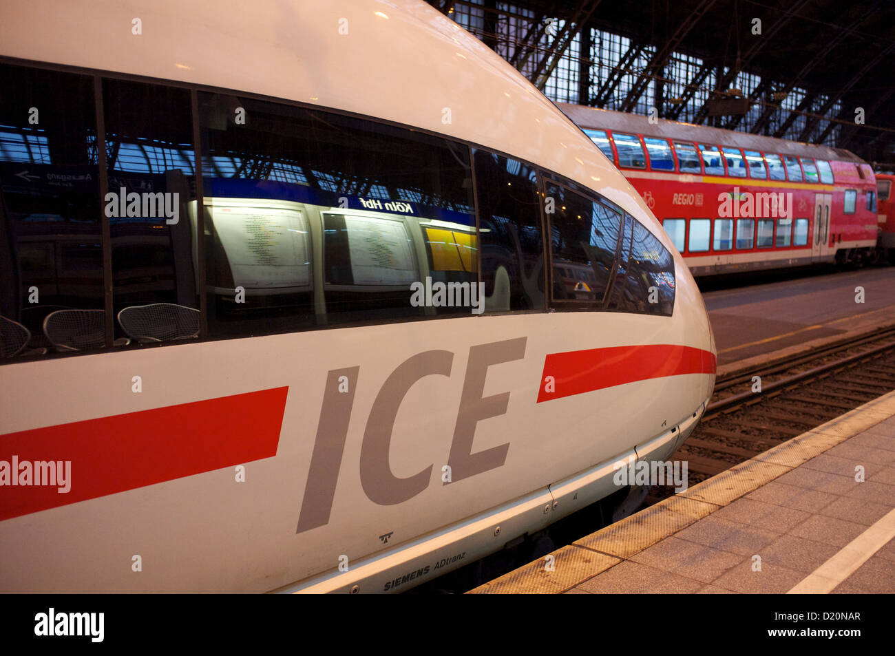 ICE (Intercity Expess) train along side an RE (Regional Express) double ...