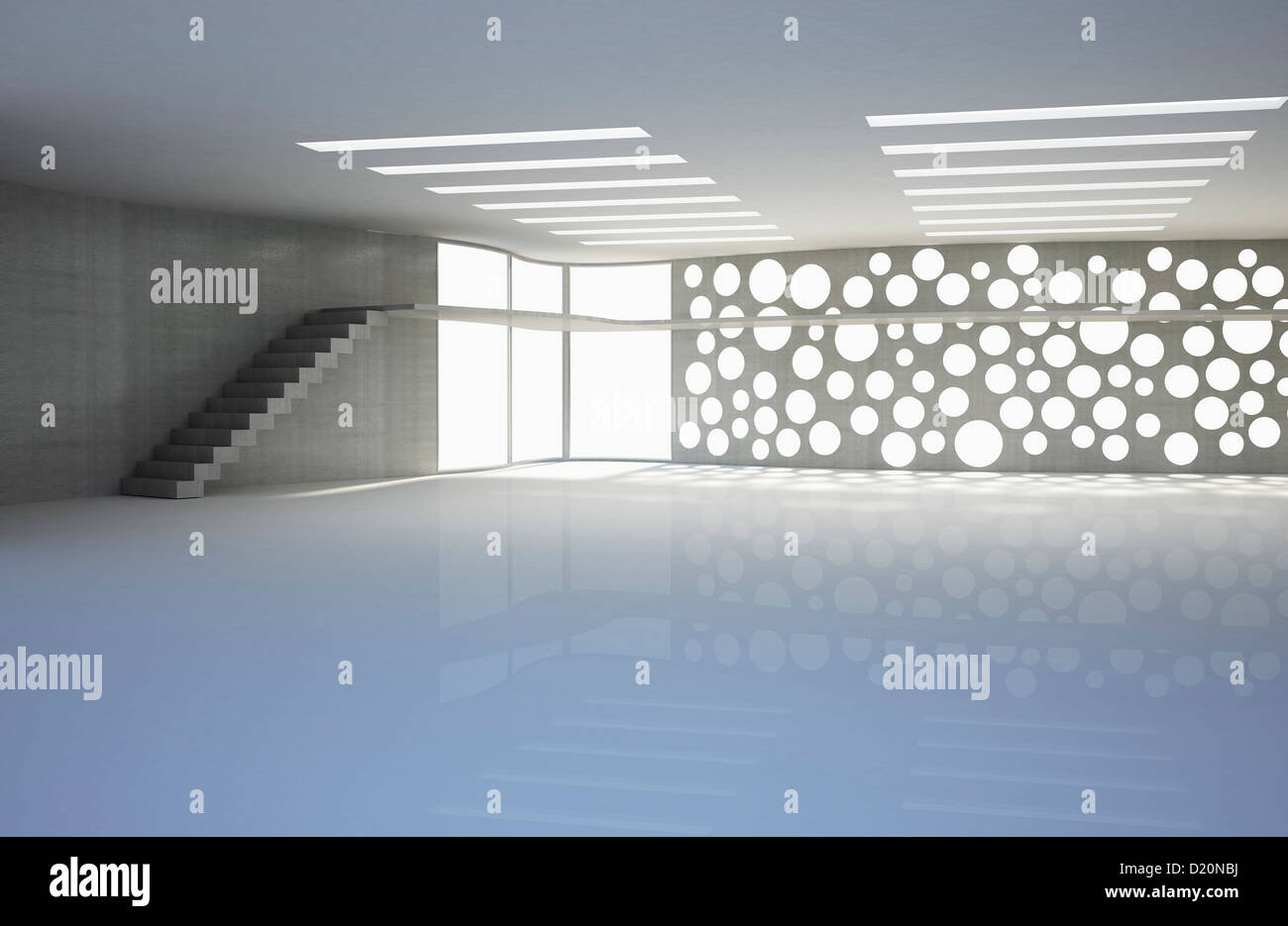 modern interior of a floor with stairs and unique polka dotted window ...