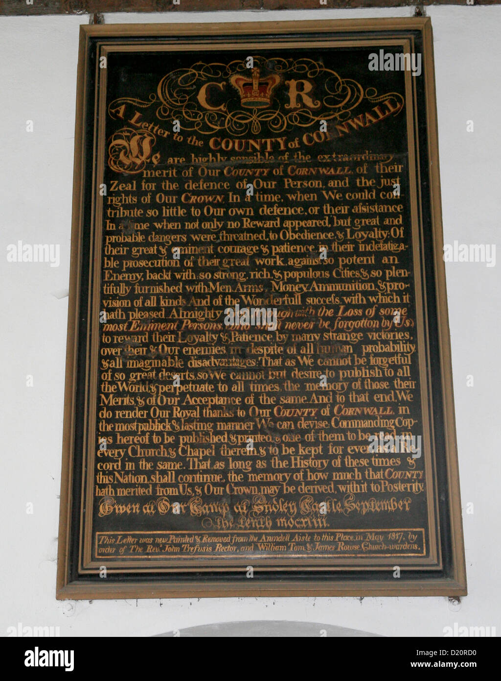 King Charles letter of thanks Parish church St Columb Major Cornwall ...
