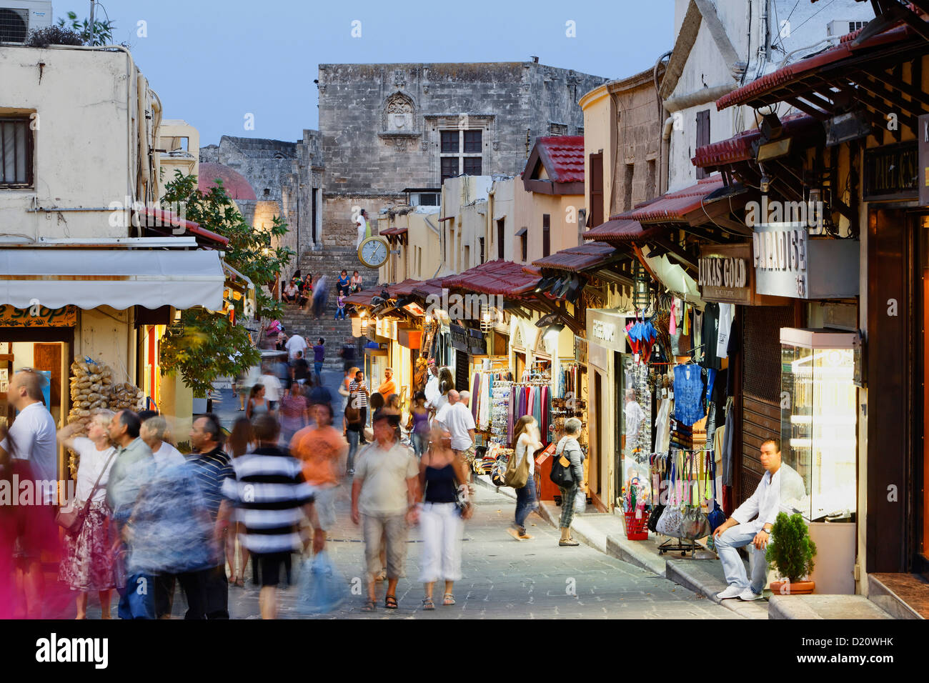 People in the Socrates street in the evening, old town of Rhodes ...