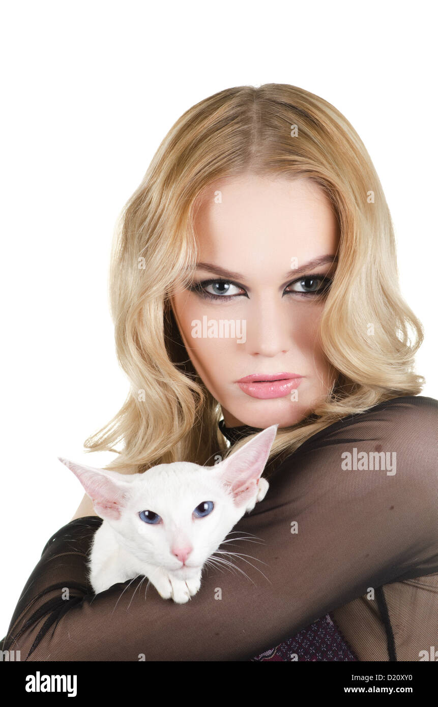 woman with oriental shorthair cat Stock Photo - Alamy