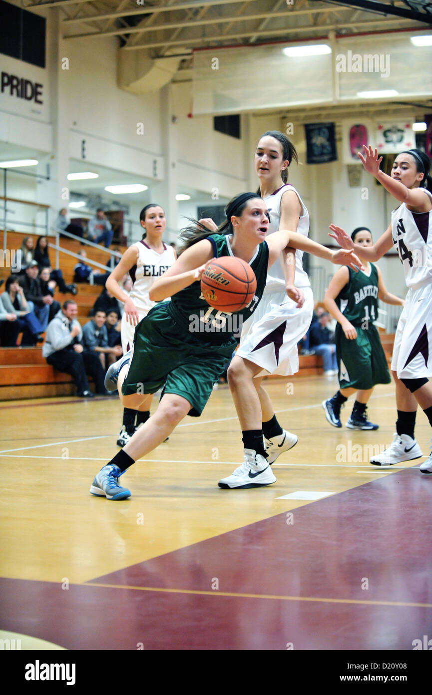 Basketball player drives toward the hoop looking for a layup ...