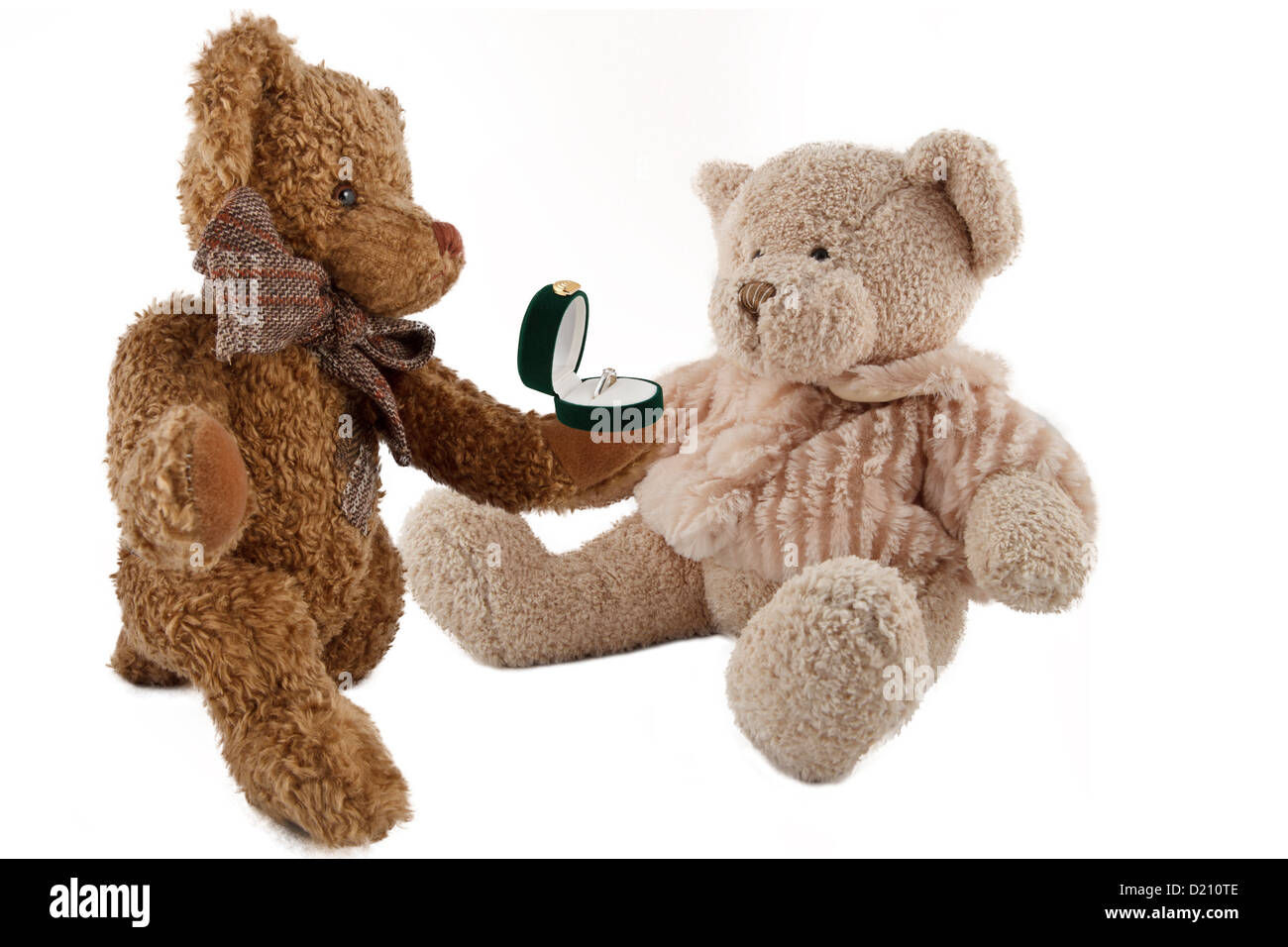 One Teddy Bear proposing to another by offering an engagement ring ...