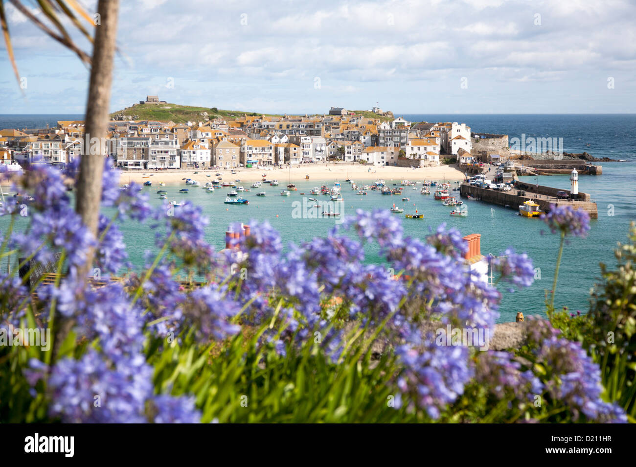 St Ives harbour Cornwall UK from a floral viewing point on a sunny ...