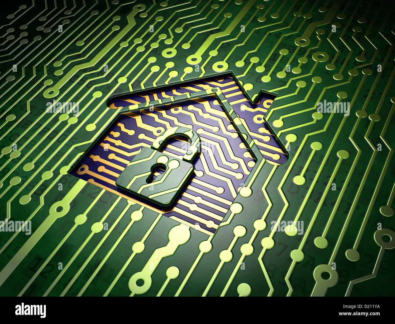 Security concept: circuit board with home icon, 3d render Stock Photo ...