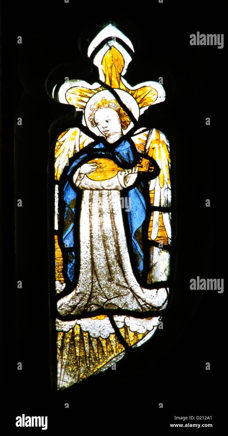 North Tuddenham, Norfolk, medieval stained glass window, angel musician ...