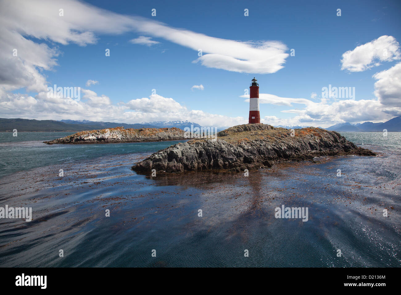 Lighthouse and sea lions on island in Beagle Channel, near Ushuaia ...