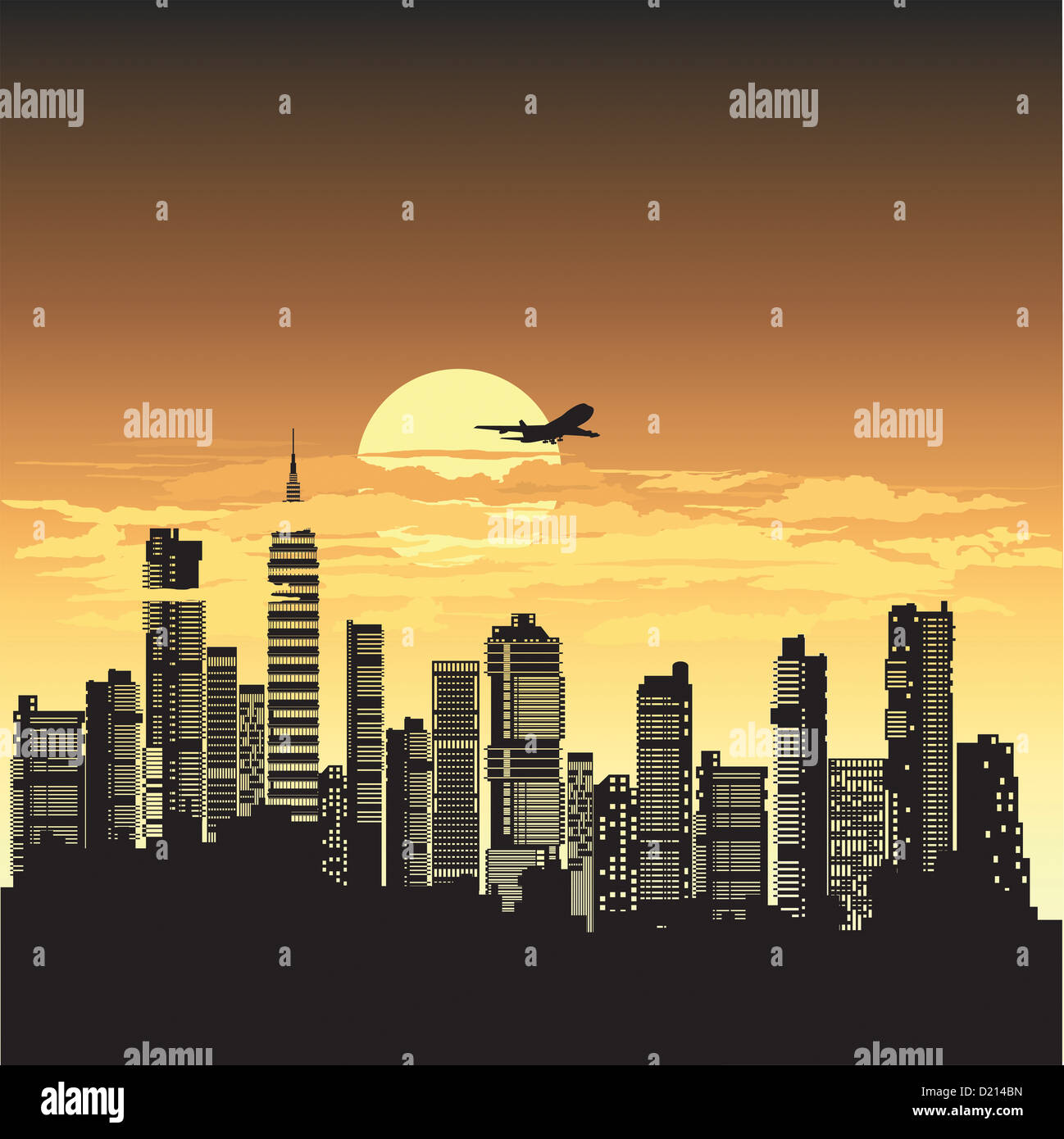 City on a background sunset of a sun Stock Photo - Alamy