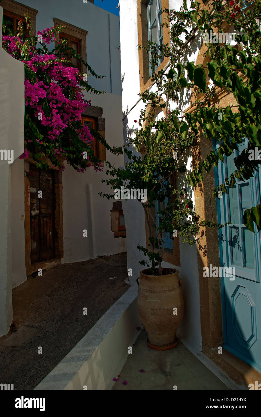 Skala, narrow street, white washed houses, blue door, vines and ...