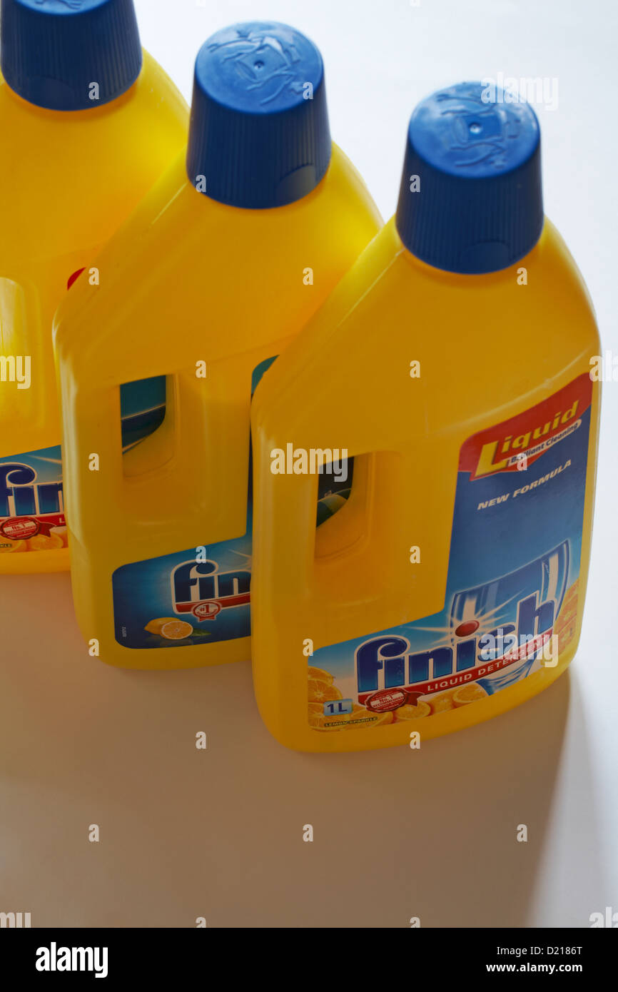 bottles of Finish liquid detergent set on white background Stock Photo ...