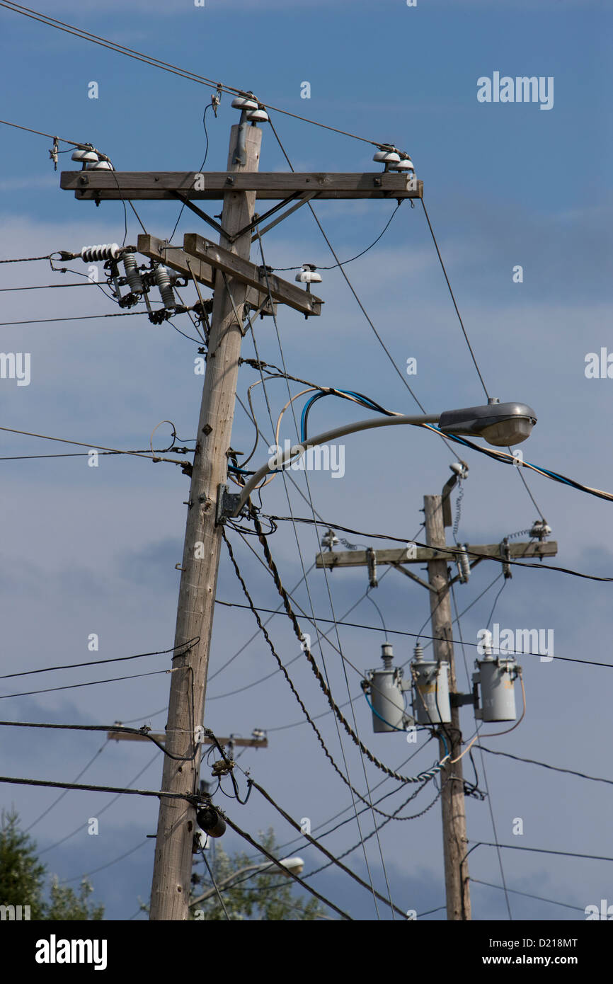Tangle of electricity lines, wires and pylons in Rustico, Canada Stock ...