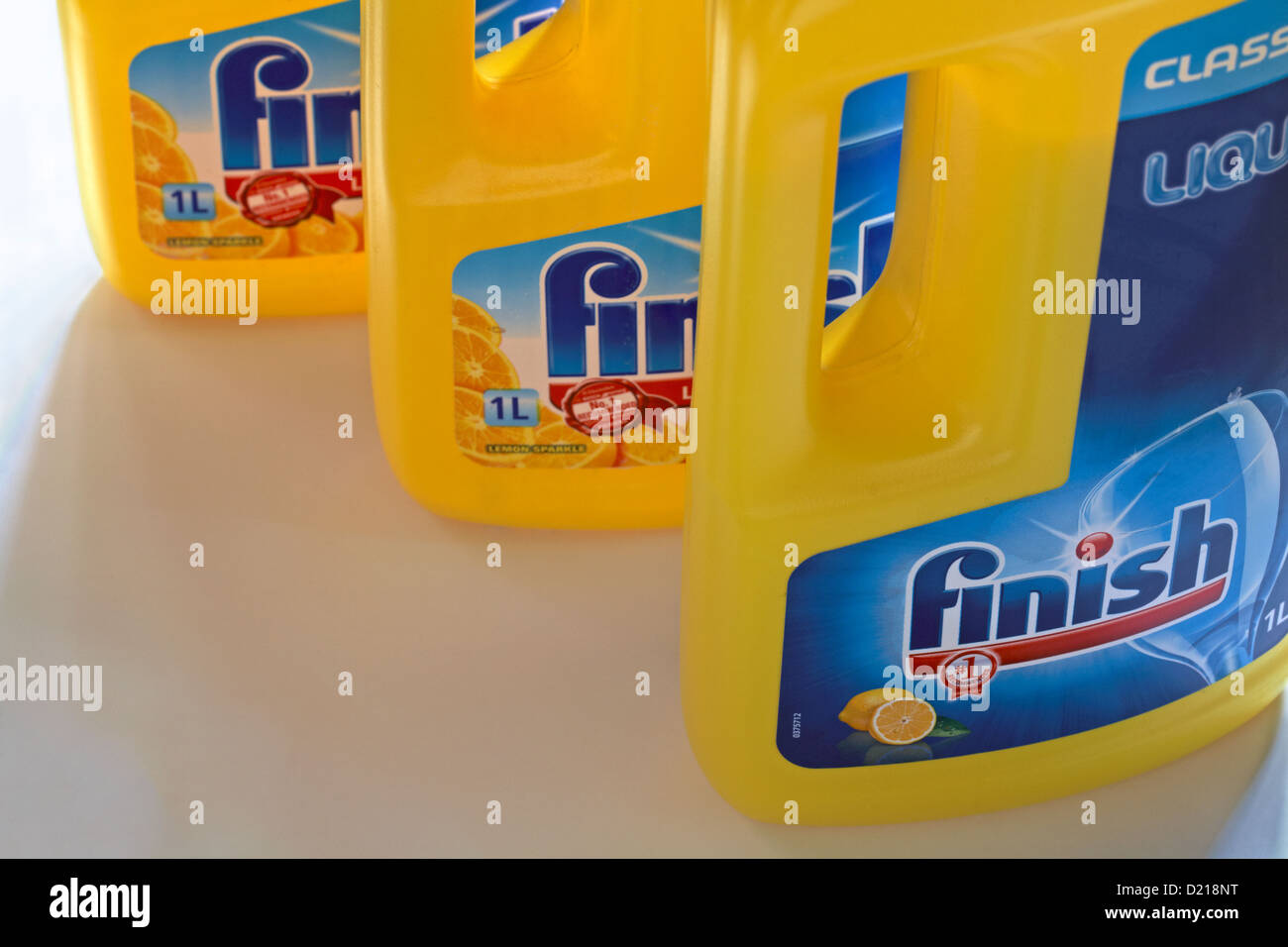 bottles of Finish liquid detergent set on white background Stock Photo ...