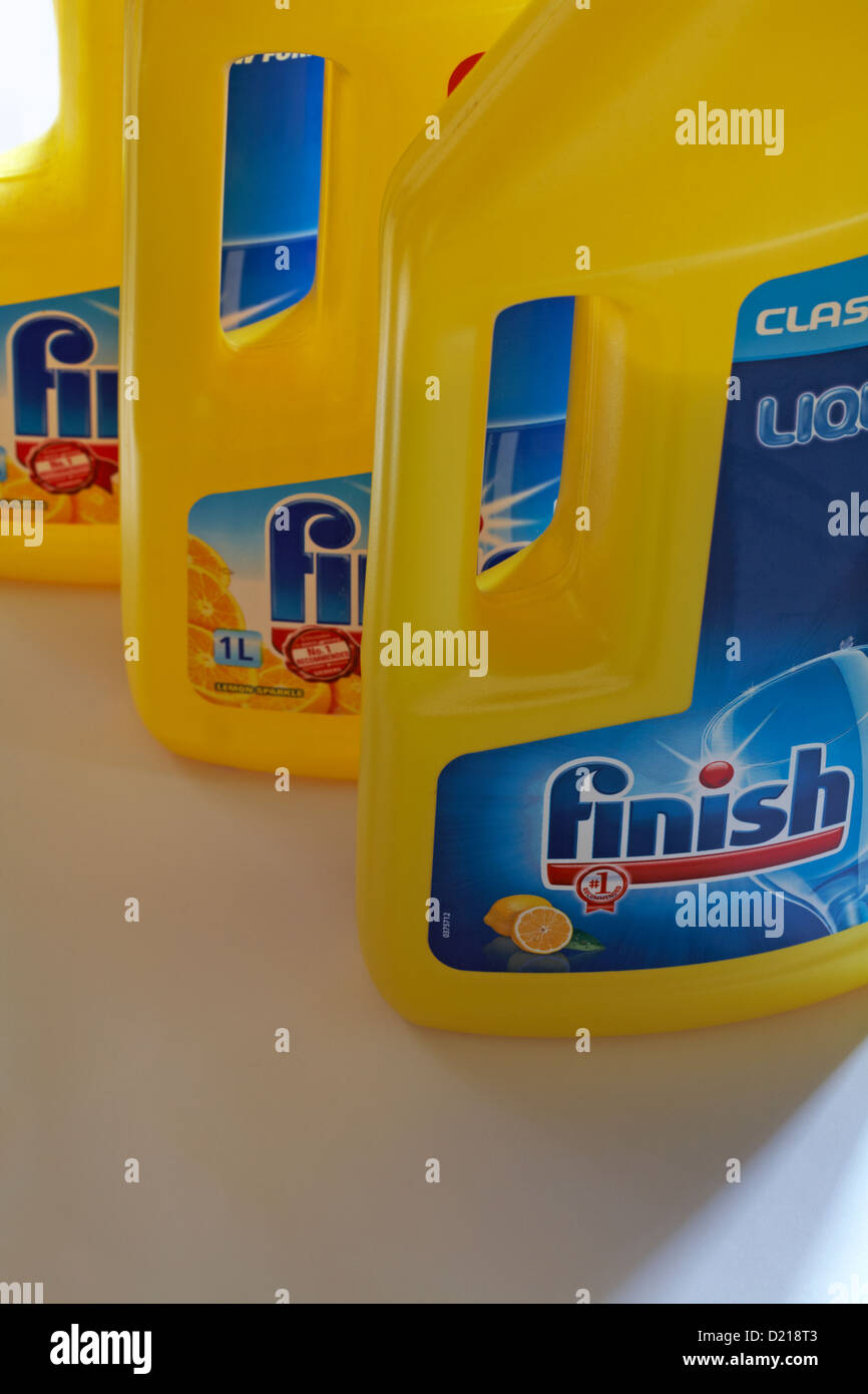 bottles of Finish liquid detergent set on white background Stock Photo ...