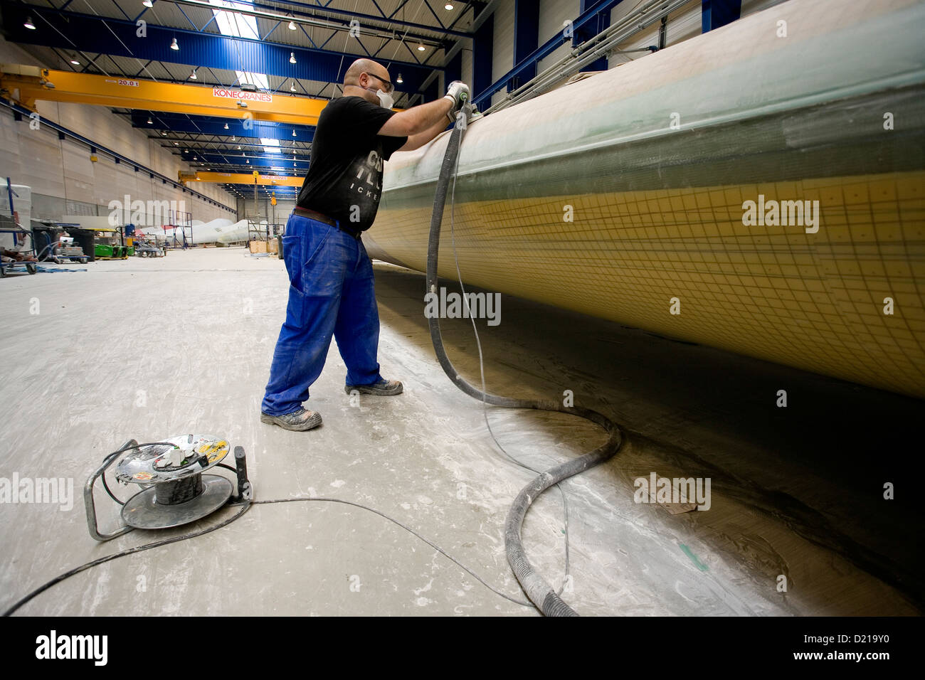 Bremerhaven, Germany, grinding work on a rotor blade for wind turbines ...