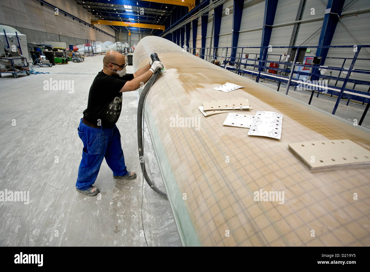 Bremerhaven, Germany, grinding work on a rotor blade for wind turbines ...