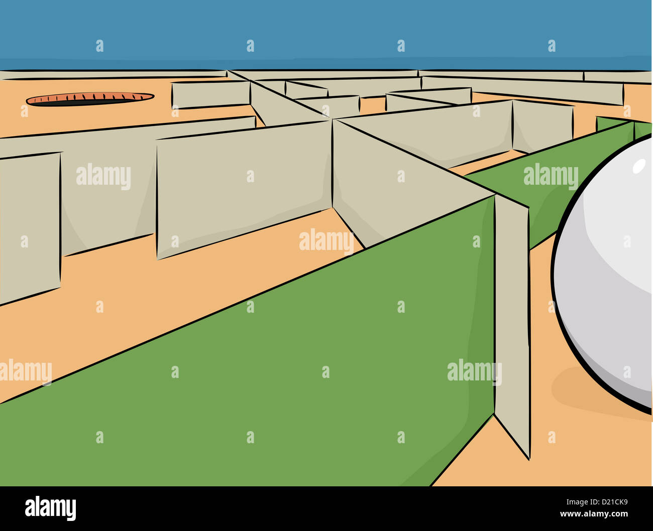 Steel ball stuck in a maze with hole far away Stock Photo - Alamy
