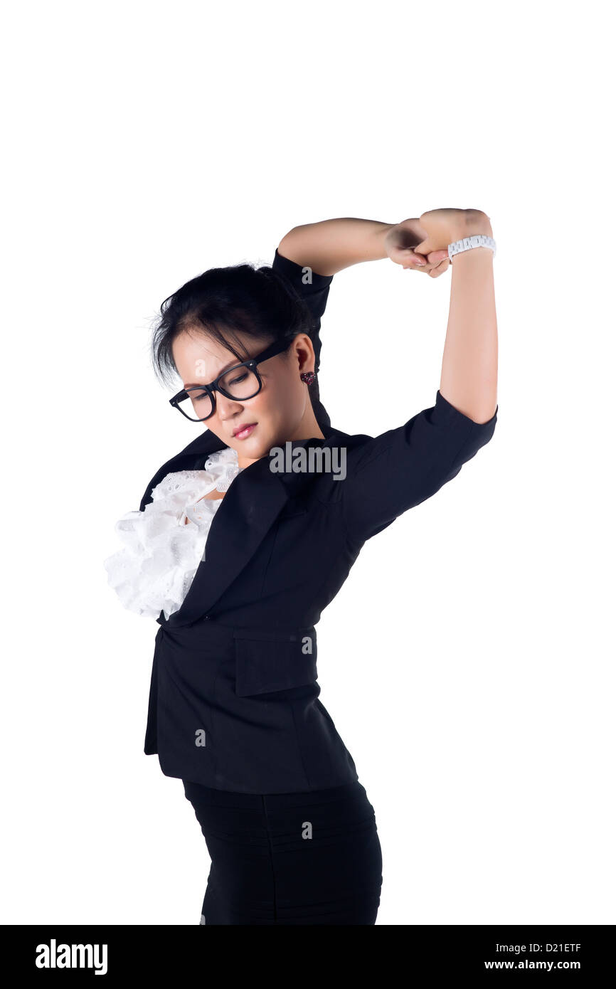 Tired business woman stretching, isolated on white background, Model is ...