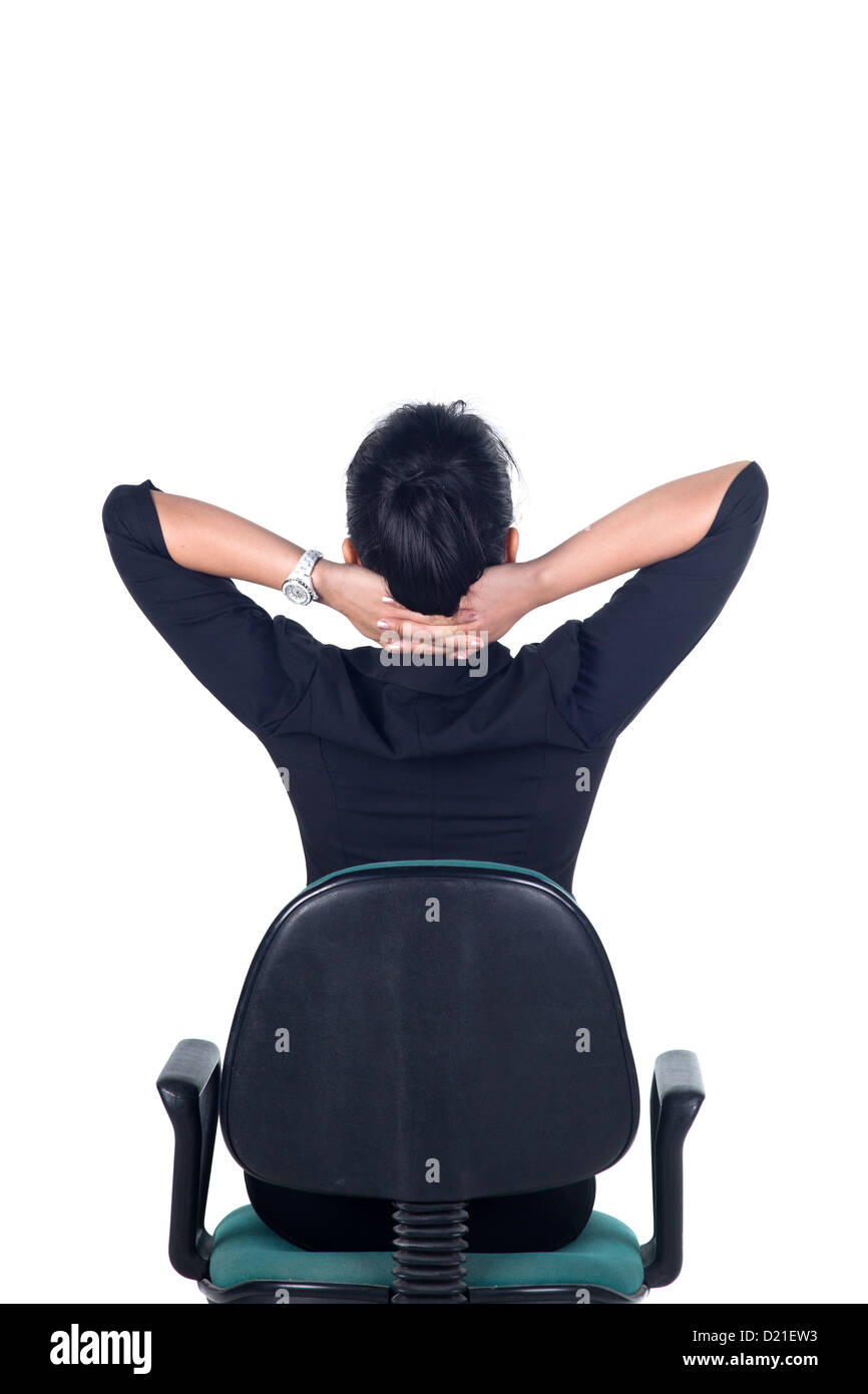 Rear View, Thinking business woman standing isolated on white ...