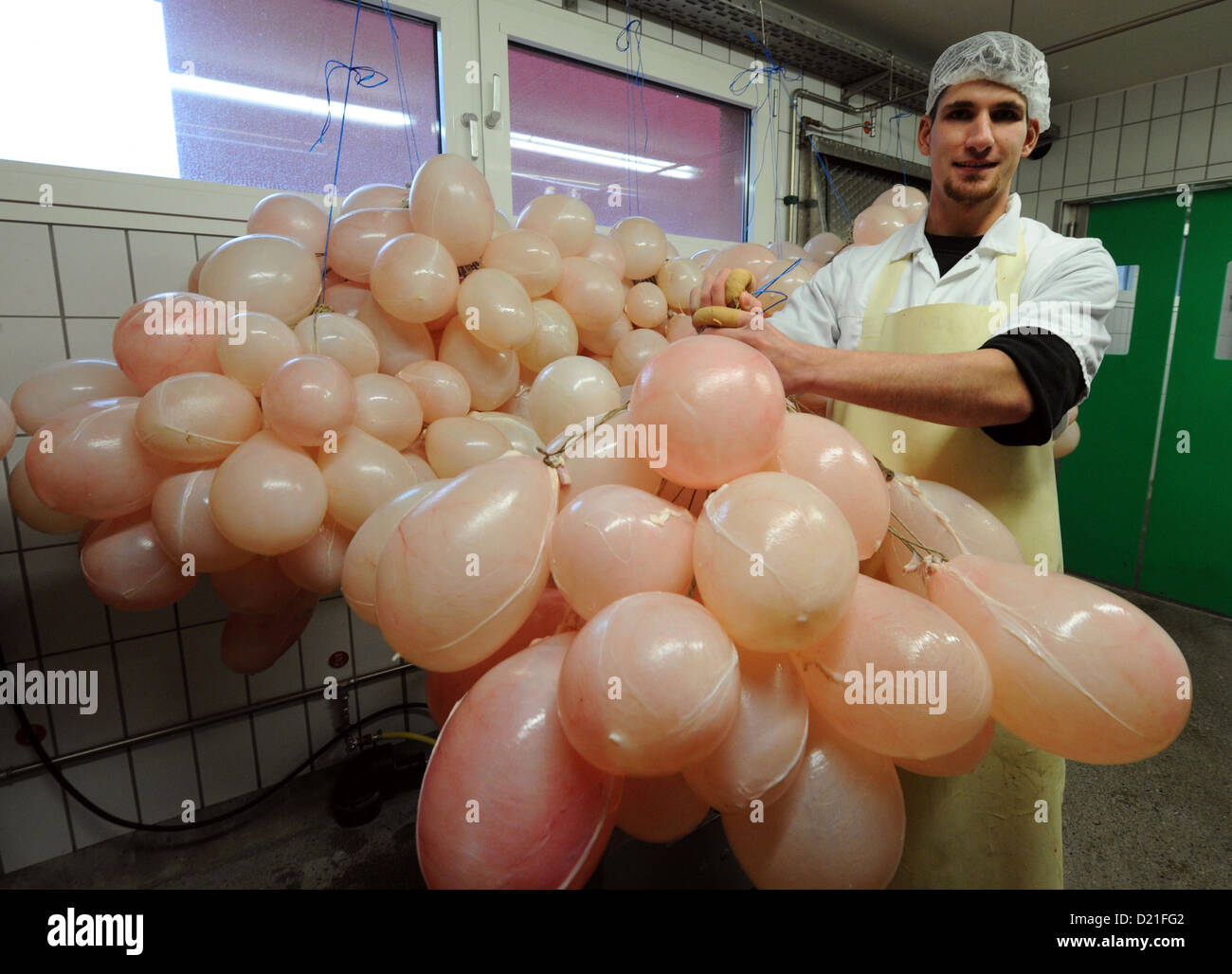 Butcher Timo Troescher from butcher's shop Winterhalter hangs up pig ...