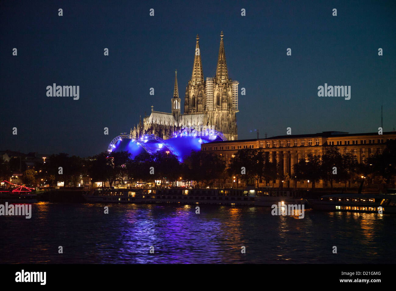 Cologne Cathedral and Cologne Musical Dome at night seen from Rhine ...