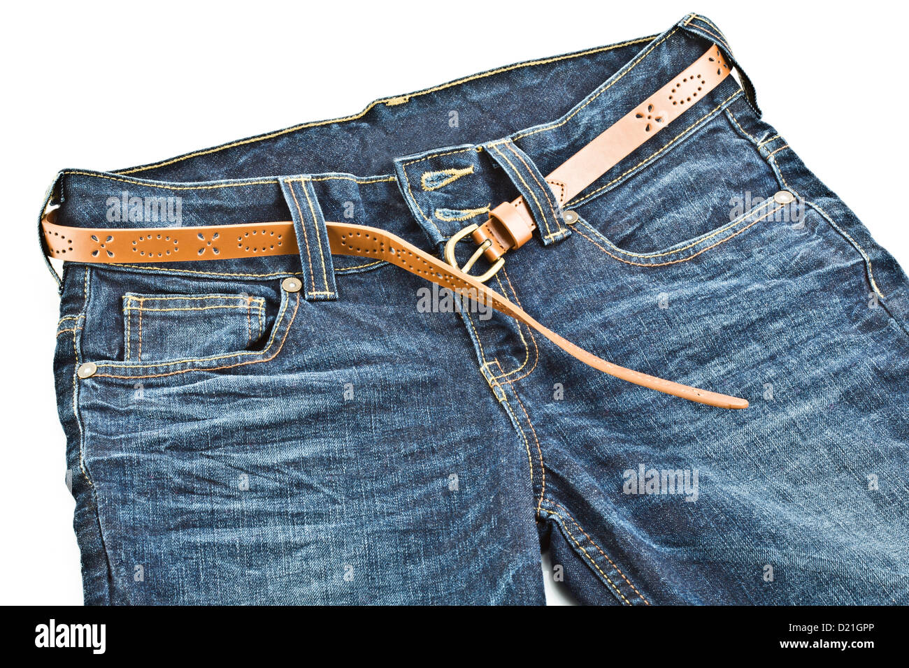 Blue jeans with leather belt on white background Stock Photo - Alamy