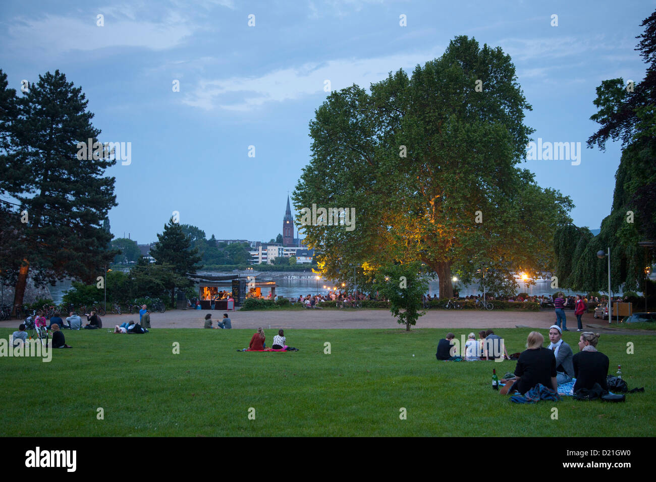 People sitting on the lawn underneath giant plantain tree at Alter Zoll ...