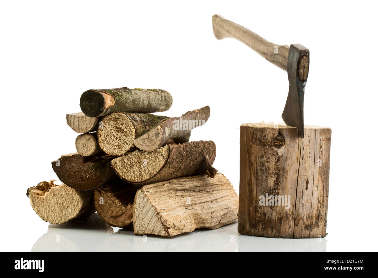 Axe with wood block on white background, close up Stock Photo - Alamy