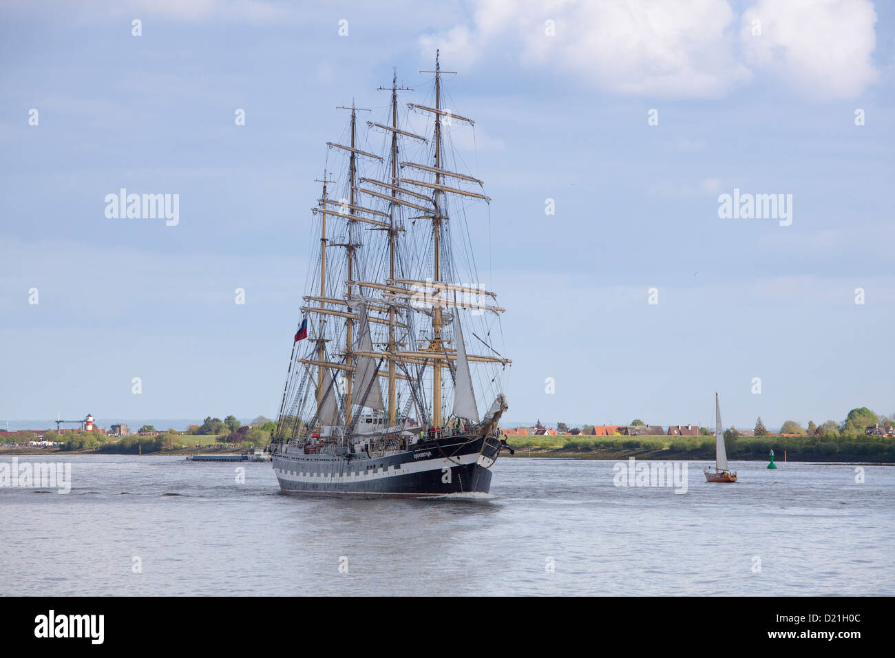 Windjammer tall sailing ship Krusenstern on Elbe river following ...