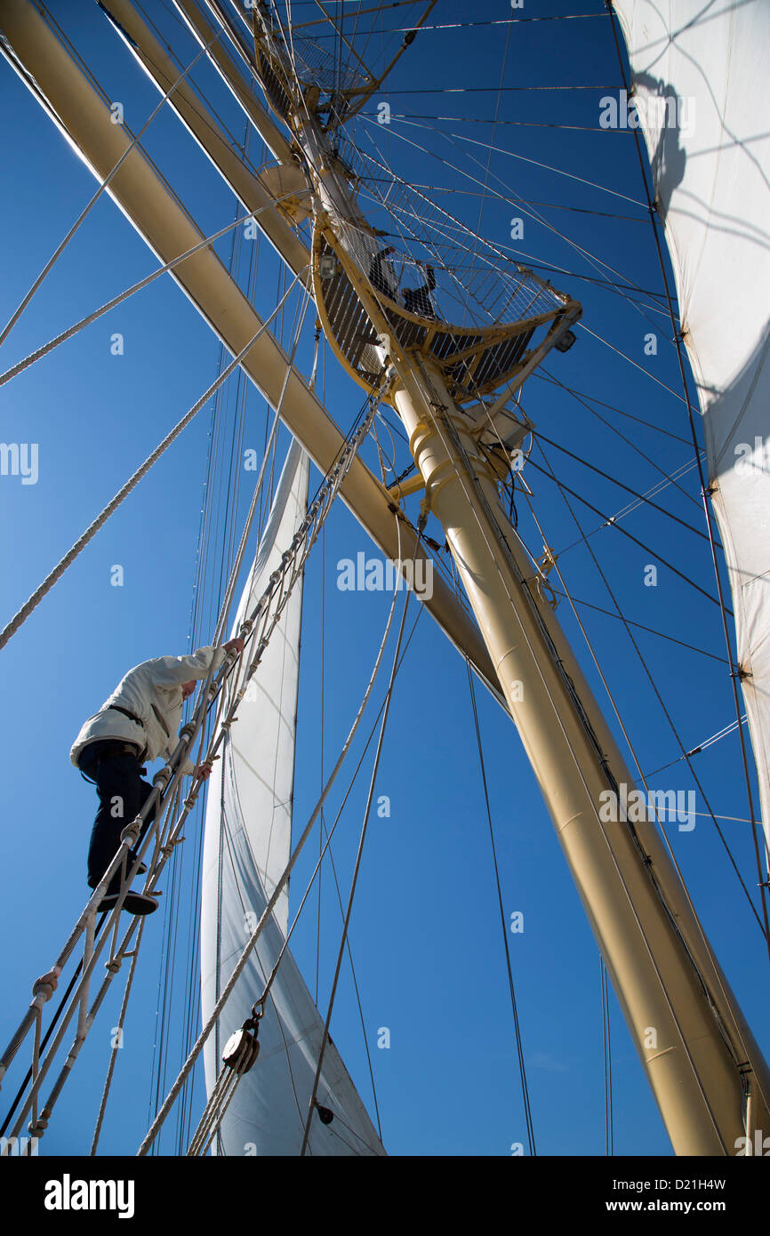 Man climbing up the mast of sailing cruise ship Star Flyer, Baltic Sea ...