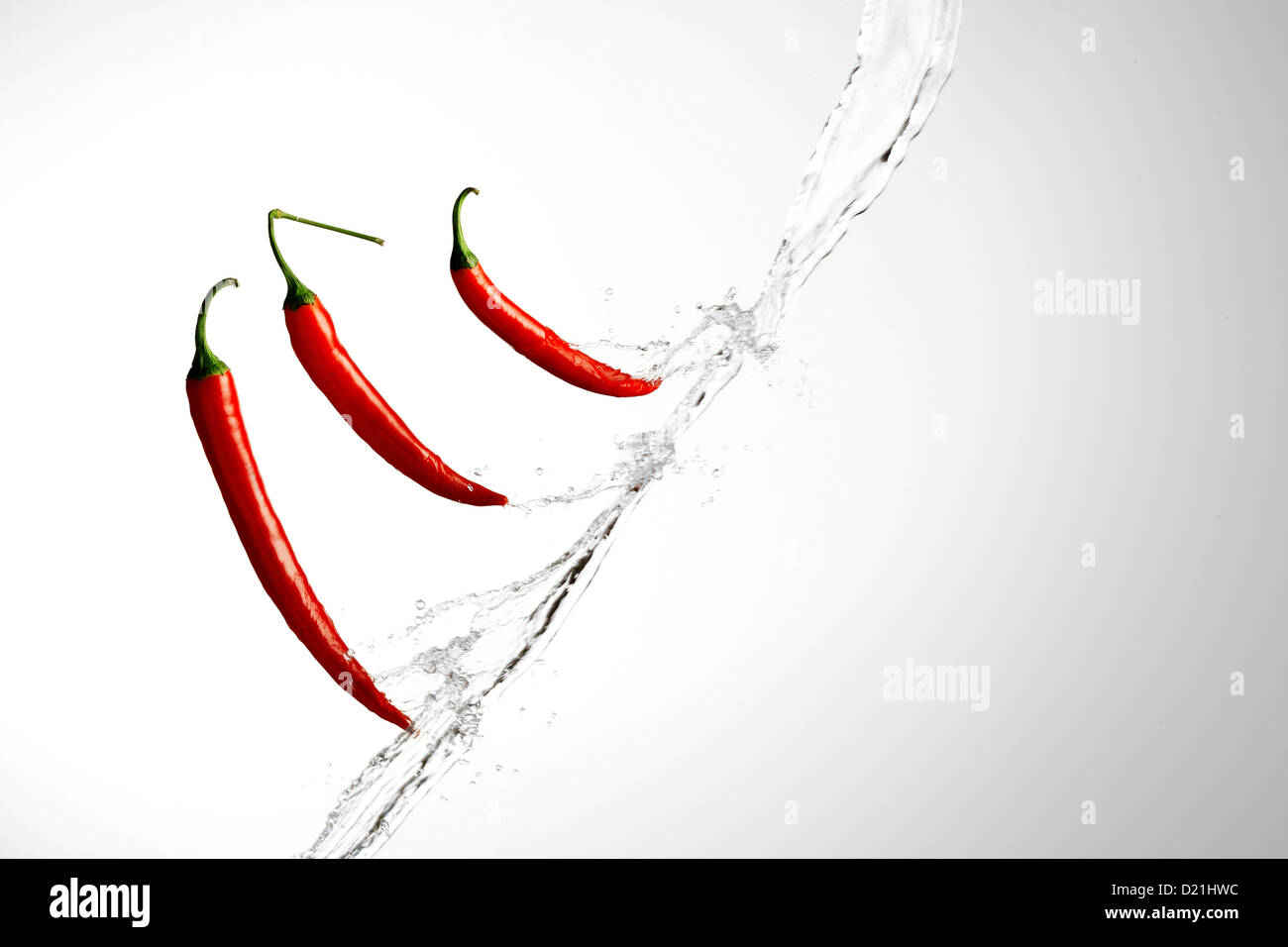 Red chili pepper splashing into water against white background Stock ...