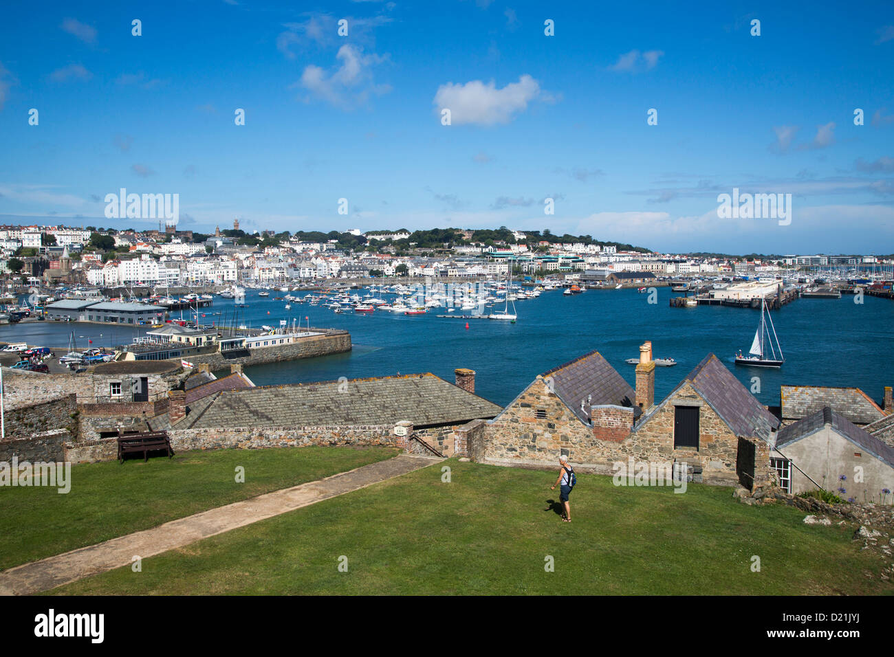 View from Castle Cornet across harbor and town, St Peter Port, Guernsey ...