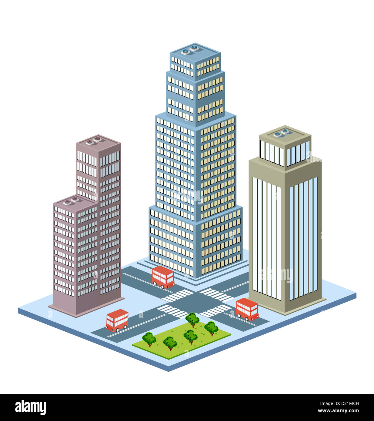 A perspective view of a city block with buildings and vehicles Stock ...