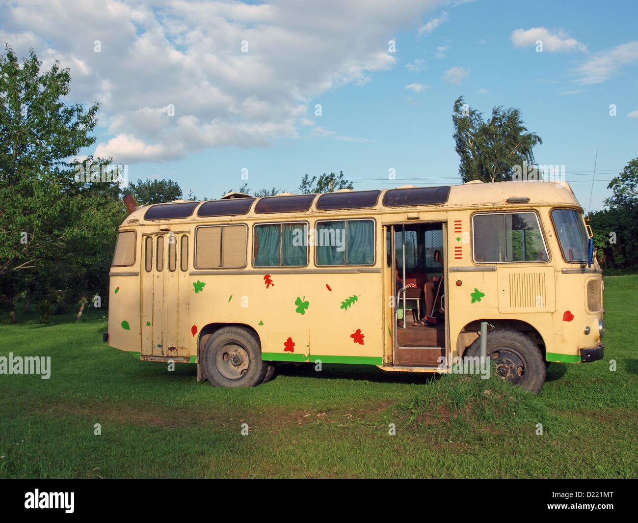 Old vintage retro russian soviet time auto bus PAZ on summer camping ...