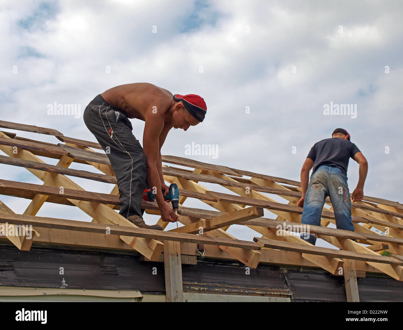 Making roof grid from timber battens on old big living trailer Stock ...