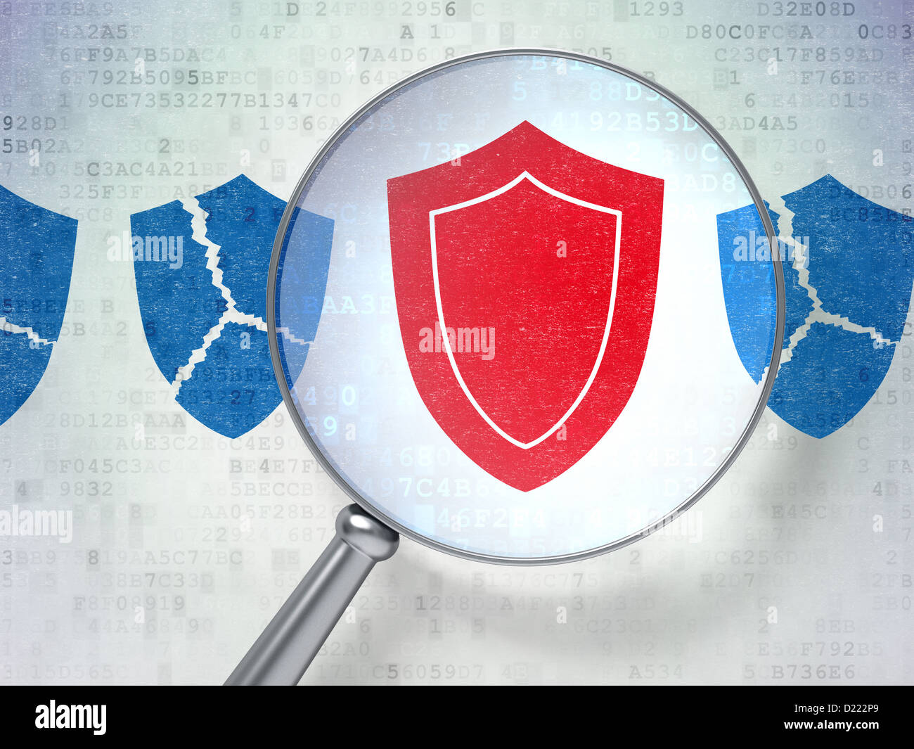 Magnifying optical glass with shields icons on digital background, 3d ...