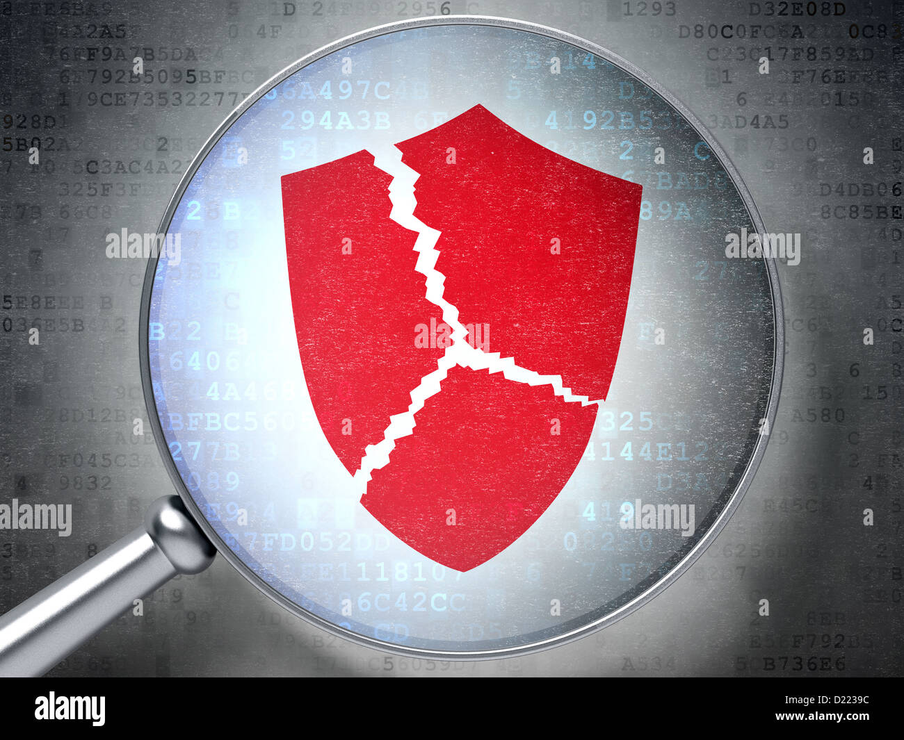 Magnifying optical glass with broken shield icon on digital background ...