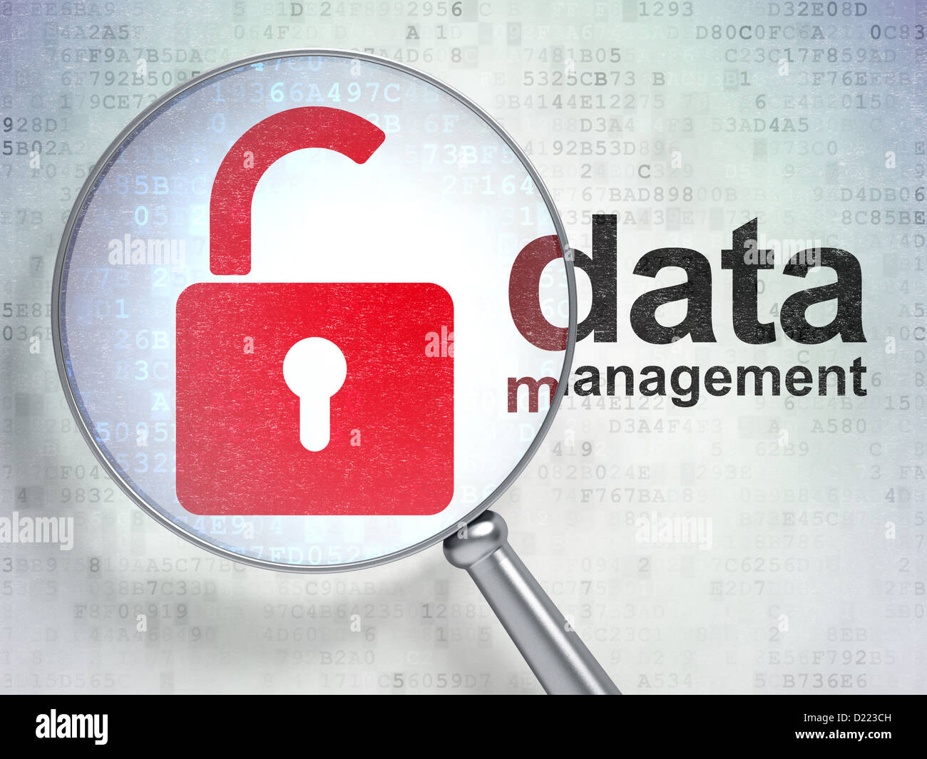 Magnifying optical glass with opened padlock icon and data Stock Photo ...