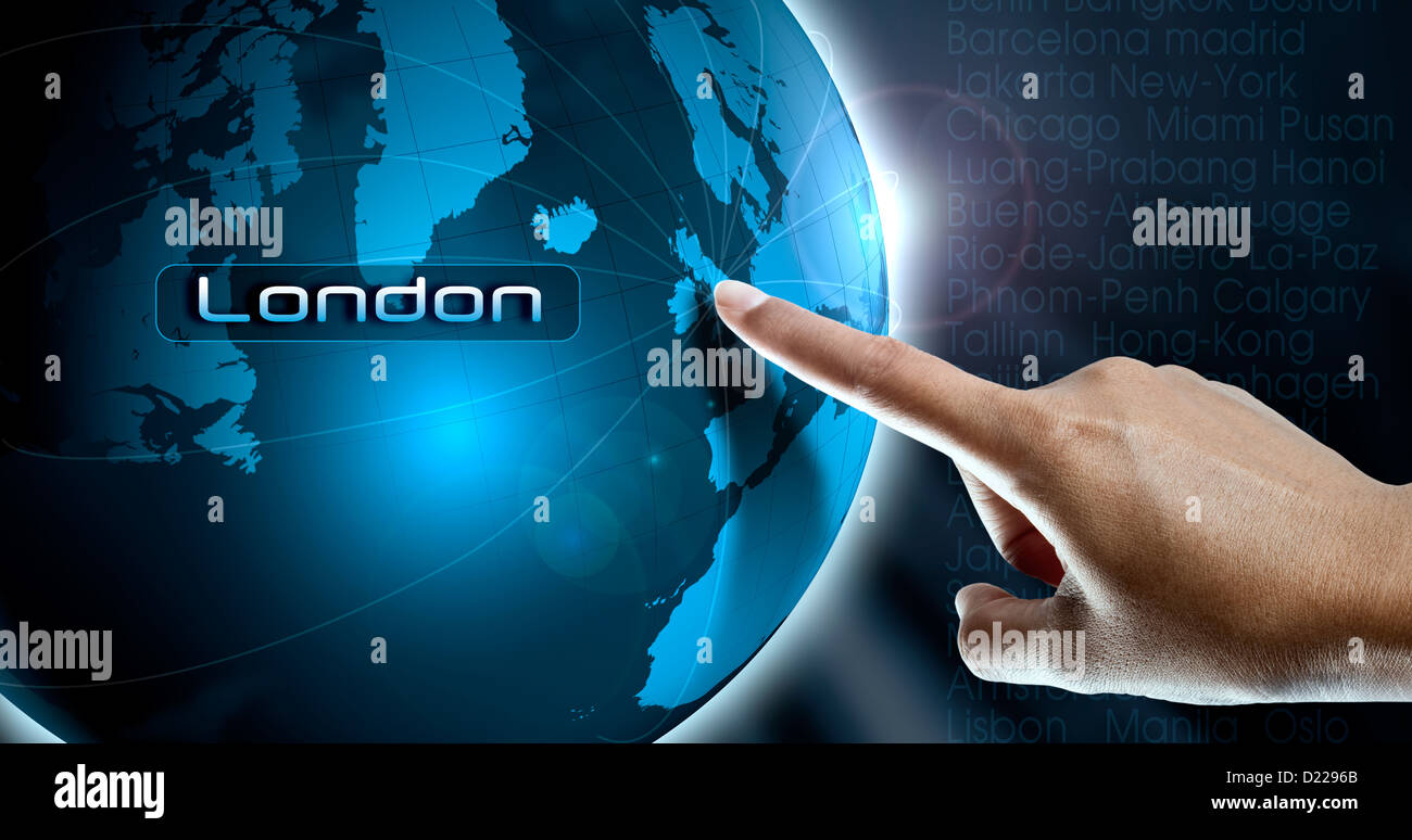 a finger of Woman point the city London, England, Europe on a world map ...